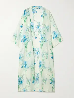 Olivia Von Halle Amaya Belted Floral-print Silk-chiffon Robe - Off-white