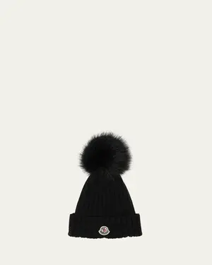 Moncler Wool Beanie With Faux Fur Pom - Black
