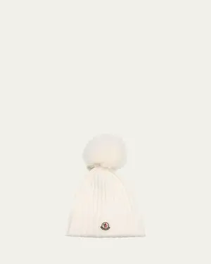 Moncler Wool Beanie With Faux Fur Pom Natural