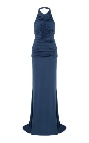 Ila Rami Ruched Satin Maxi Halter Dress