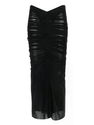 MUGLER Ruched Mesh Midi Skirt - Black