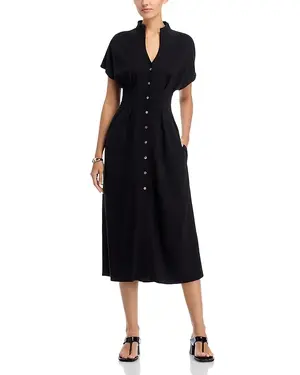 Misook Mock Neck Button Front Midi Dress - Black