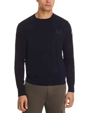 Moncler Embroidered Monogram Cotton Crewneck Sweater - Navy