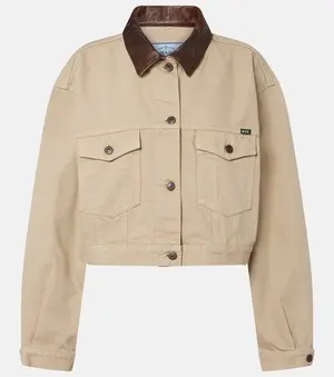 Prada Leather-trimmed Cropped Denim Jacket - Beige
