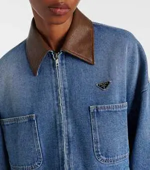Prada Leather-trimmed Cropped Denim Jacket - Blue