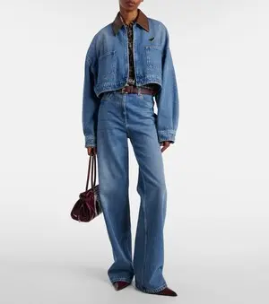 Prada Leather-trimmed Cropped Denim Jacket - Blue