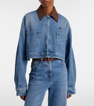 Prada Leather-trimmed Cropped Denim Jacket - Blue