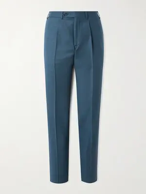 Canali Tapered Pleated Checked Wool Trousers - Blue