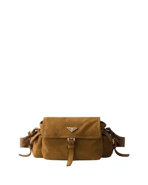 Prada Suede Shoulder Bag With Flap - Brown