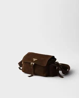 Prada Suede Shoulder Bag With Flap - Dark Brown