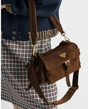 Prada Suede Shoulder Bag With Flap - Dark Brown