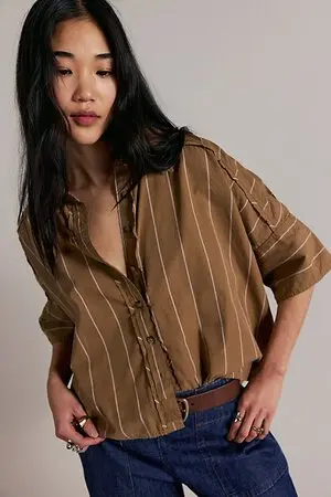 Free People We The Free Seaside Cotton Stripe Shirt - Brown Combo