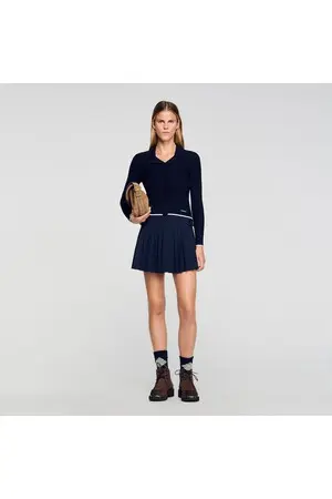 Sandro Cropped Polo Collar Cardigan - Blue / Navy
