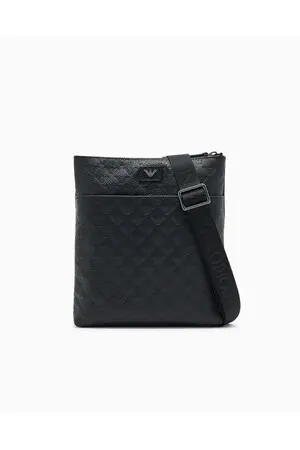 Emporio Armani Flat Leather Shoulder Bag With Embossed Eagle - Black