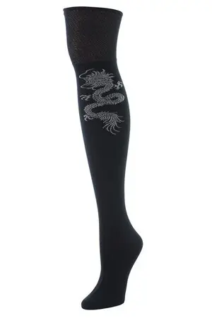 Natori Textured Cuff Dragon Over-the-knee Socks - Black