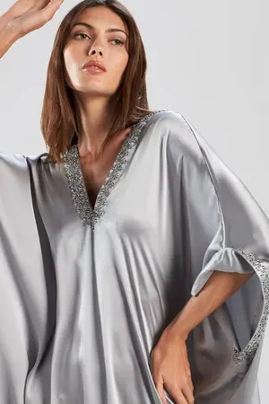 Natori Embellished Silk Caftan - Silver
