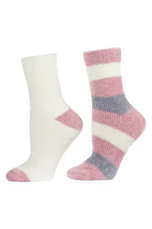 Natori Chenille Striped And Solid Cozy Crew Socks 2-pair Pack - Neutral / Floral