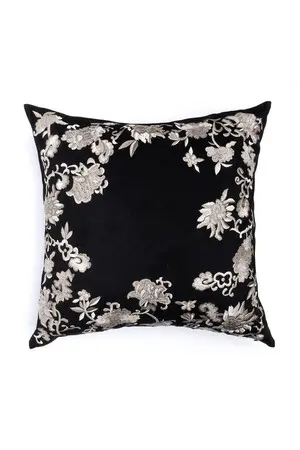 Natori Faux Suede Mandarin Embroidered Trim Pillow - Black