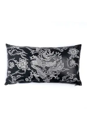 Natori Vegan Luxe Leather Mandarin Embroidered Dragon Oblong Pillow - Black