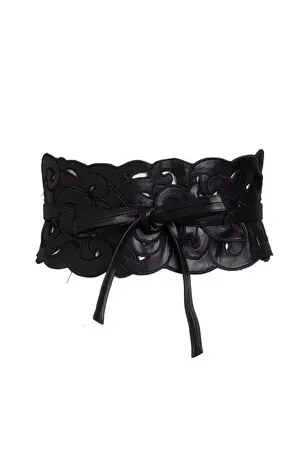 Natori Vegan Luxe Lambskin Embroidered Scroll Obi Belt - Black