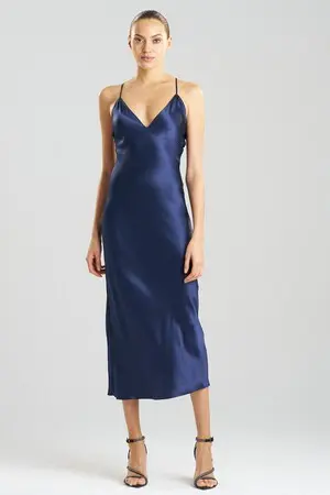 Natori Key Essentials V-neck Silk Gown - Navy / Blue