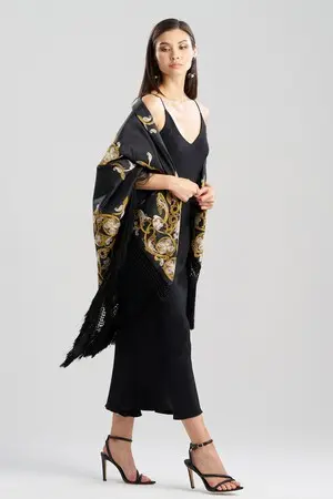 Natori Silk Dupioni Embroidered Silk Fringe Shawl - Black