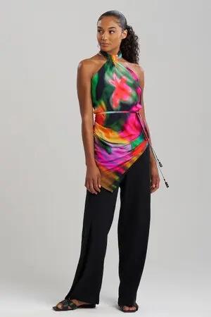 Natori Floral Mirage Printed Rayon Scarf Top - Black / Floral / Multicolor