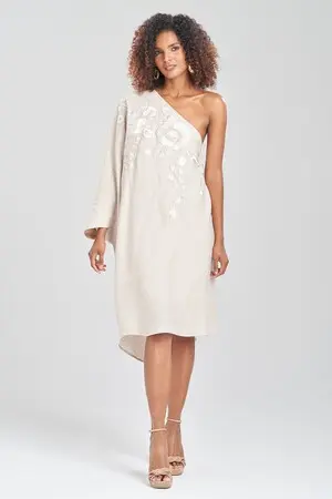 Natori Linen One-shoulder Embroidered Tunic