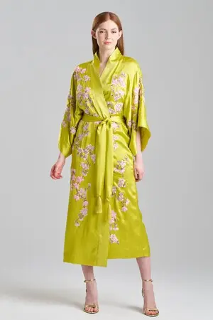 Natori Couture Sakura Embroidered Floral Silk Robe - Yellow