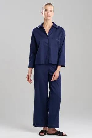 Natori Cotton Sateen Embroidered Essentials Notch Pj - Navy / Blue