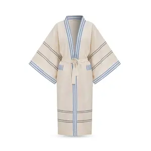 KUTNIA Peshtemal Kimono With Kutnu Trim - Blue