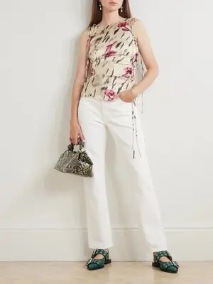 GANNI Tie-detailed Gathered Printed Satin Top - Multi