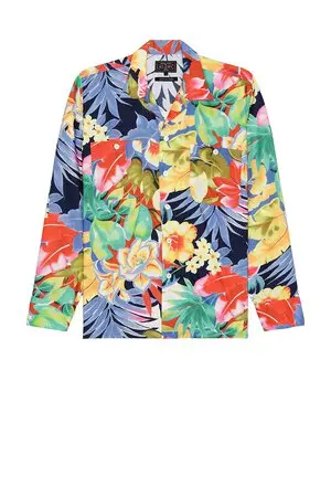 BEAMS Mil Open Collar Tropical Pattern Print In Black - Navy