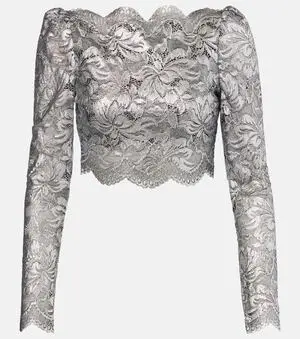 Rabanne Floral Cropped Lace Top - Silver
