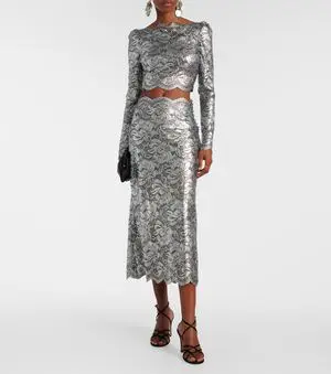 Rabanne Floral Cropped Lace Top - Silver