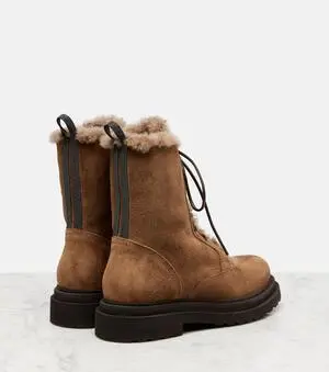 Brunello Cucinelli Monili Shearling-lined Suede Combat Boots - Brown