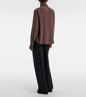 Brunello Cucinelli Monili Turtleneck Silk Blouse - Brown