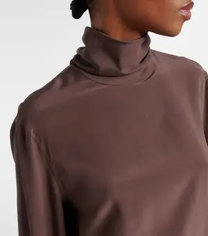 Brunello Cucinelli Monili Turtleneck Silk Blouse - Brown