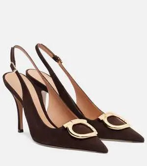 FERRAGAMO Sara Maxi Gancini Suede Slingback Pumps - Brown
