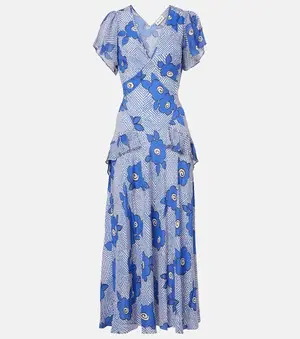 Rixo Evie Floral Silk Maxi Dress - Blue