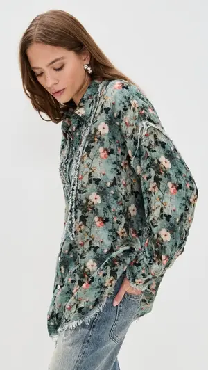 R13 Shredded Seam Ruffle Shirt - Turquoise Floral