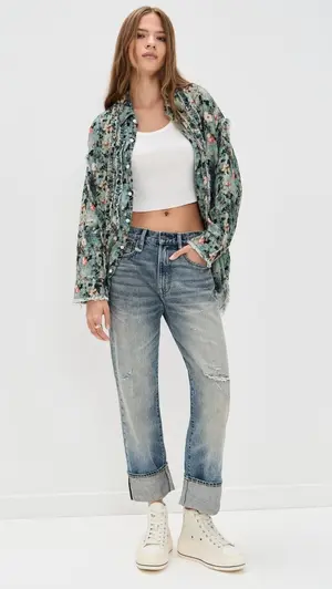 R13 Shredded Seam Ruffle Shirt - Turquoise Floral