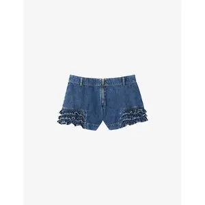 Sandro Ruffled-hem Mid-rise Denim Shorts - Blue Jean