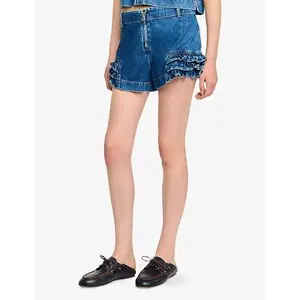 Sandro Ruffled-hem Mid-rise Denim Shorts - Blue Jean