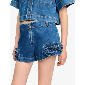 Sandro Ruffled-hem Mid-rise Denim Shorts - Blue Jean