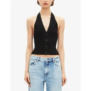 The Kooples Halter-neck Button-down Ribbed Knitted Top
