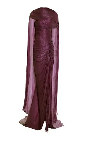 MARMAR HALIM Detachable Cape Pleated Satin Gown - Burgundy