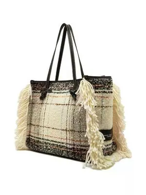 GIANNI CHIARINI Plaid Fringed Tote Bag - Neutrals
