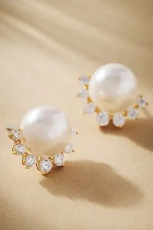 Nadri Venus Pearl Climber Stud Earrings - Gold