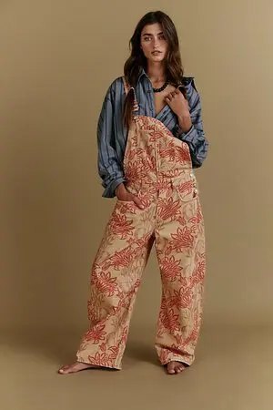 Free People We The Free Good Luck Printed Overalls - Tan Combo-bold Wallpaper